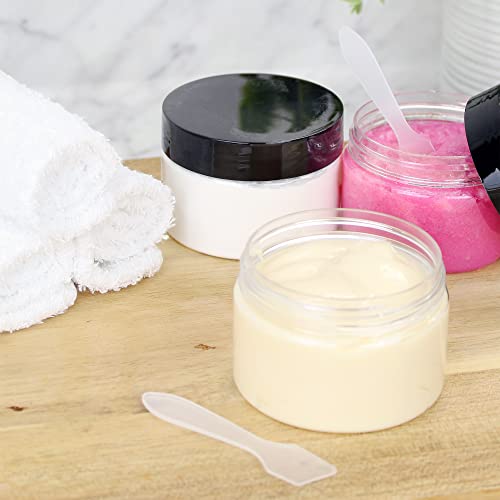 Cornucopia 4oz Clear Plastic Jars with Labels & Spatulas & Lids (24-Pack); Straight Sided PET Low Profile BPA-Free Containers