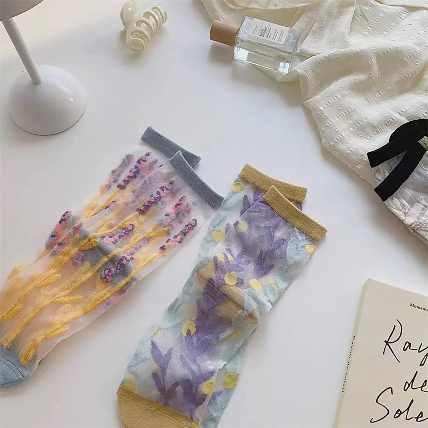 Ballballu Vintage Sheer Socks,Summer Transparent Flower Ankle Socks,Thin Mesh Lace Elastic Jacquard Glass Silk Socks (F-7 Paris)