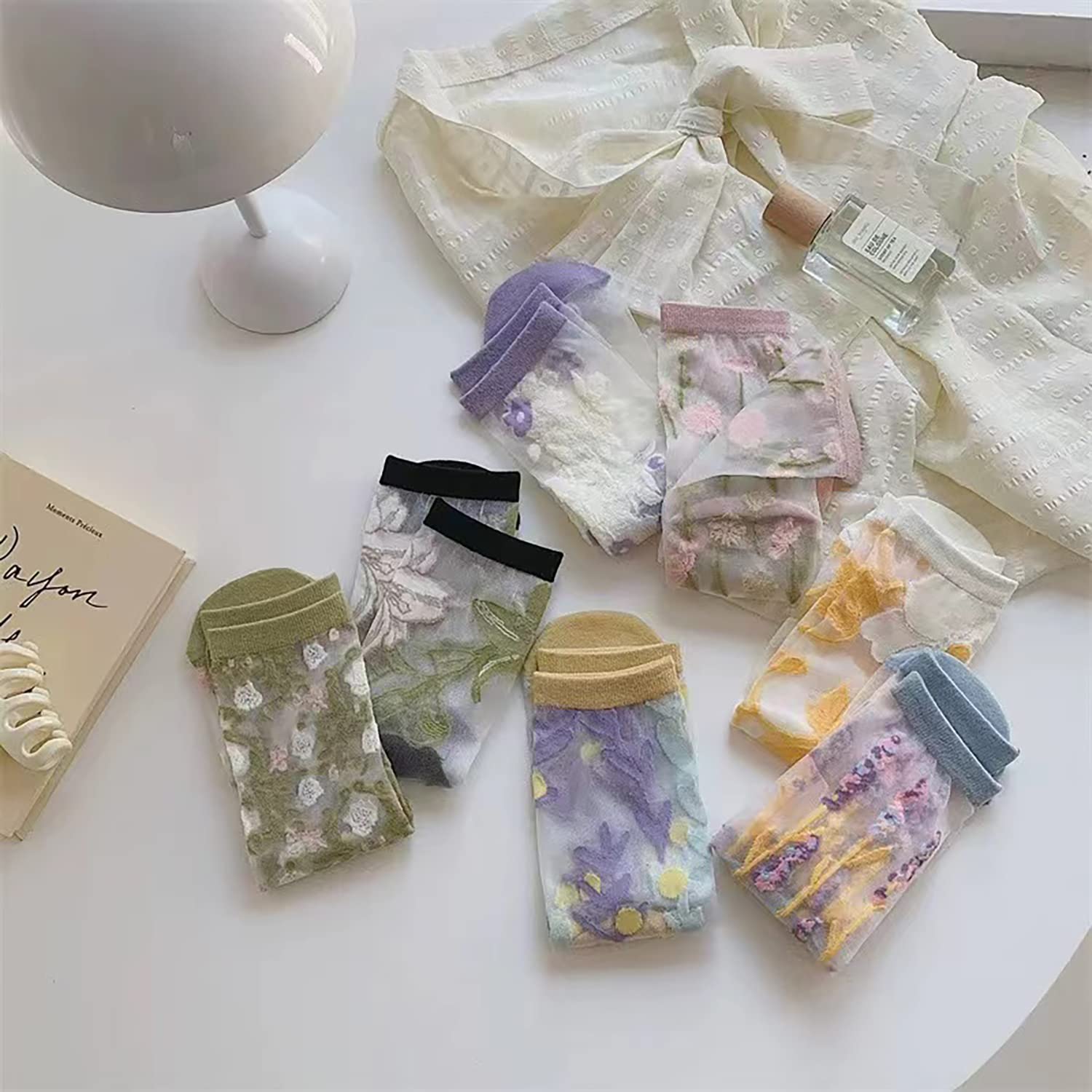 Ballballu Vintage Sheer Socks,Summer Transparent Flower Ankle Socks,Thin Mesh Lace Elastic Jacquard Glass Silk Socks (F-7 Paris)