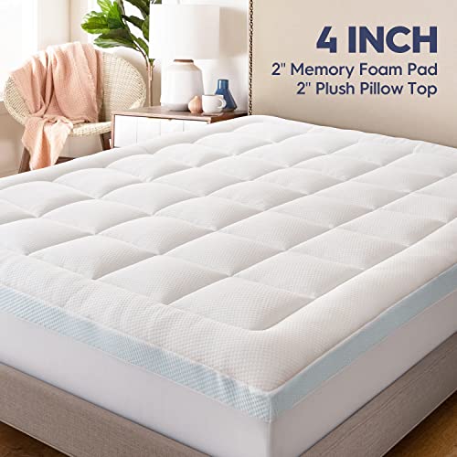 ELEMUSE Dual Layer 4 Inch Memory Foam Mattress Topper King, 2 Inch Cooling Gel Memory Foam Plus 2 Inch Bamboo Pillow Top Cover, Comfort Support Back Pain Relief