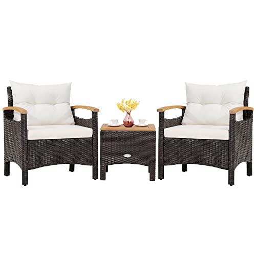 Tangkula 3-Piece Patio Furniture Set, Patiojoy Outdoor Rattan Sofa Set with Coffee Table, Patio Conversation Set with Removable Cushion, Cozy Acacia Wood Armrests for Backyard, Poolside (Off White)