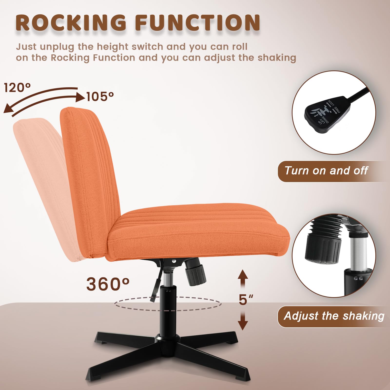 LEMBERI Fabric Padded Desk Chair No Wheels, Armless Wide Swivel Home Office Desk Chair,120° Rocking Mid Back Ergonomic Computer Task Vanity Chair for Office, Home, Make Up,Small Space (Brown)