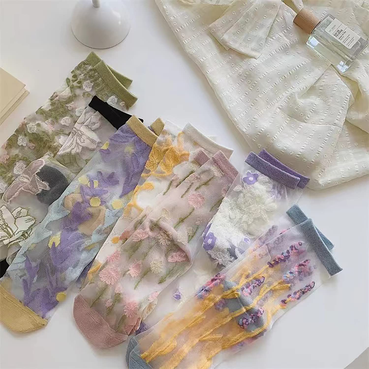 Ballballu Vintage Sheer Socks,Summer Transparent Flower Ankle Socks,Thin Mesh Lace Elastic Jacquard Glass Silk Socks (F-7 Paris)