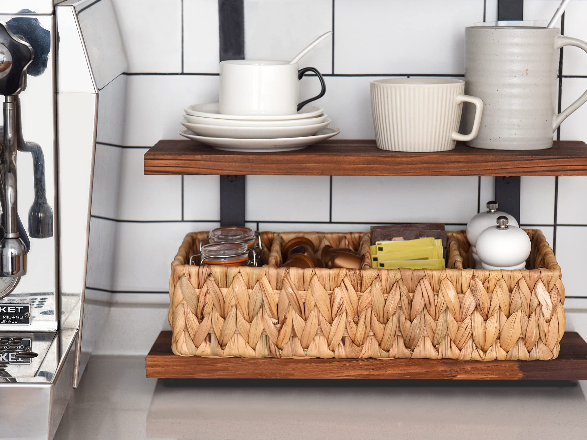 StorageWorks Small Wicker Baskets with 4 Sections, Water Hyacinth Baskets for Organizing, Handwoven Desk Baskets for Pantry, Coffee Bar, Shelves, 2 Pack