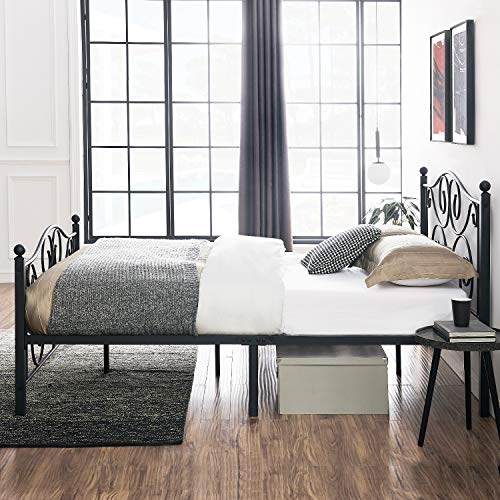 VECELO Metal Bed Frame with Headboard and Footboard, Iron Mattress Foundation No Box Spring Needed, Heavy Duty/Easy Set Up, Queen, Black