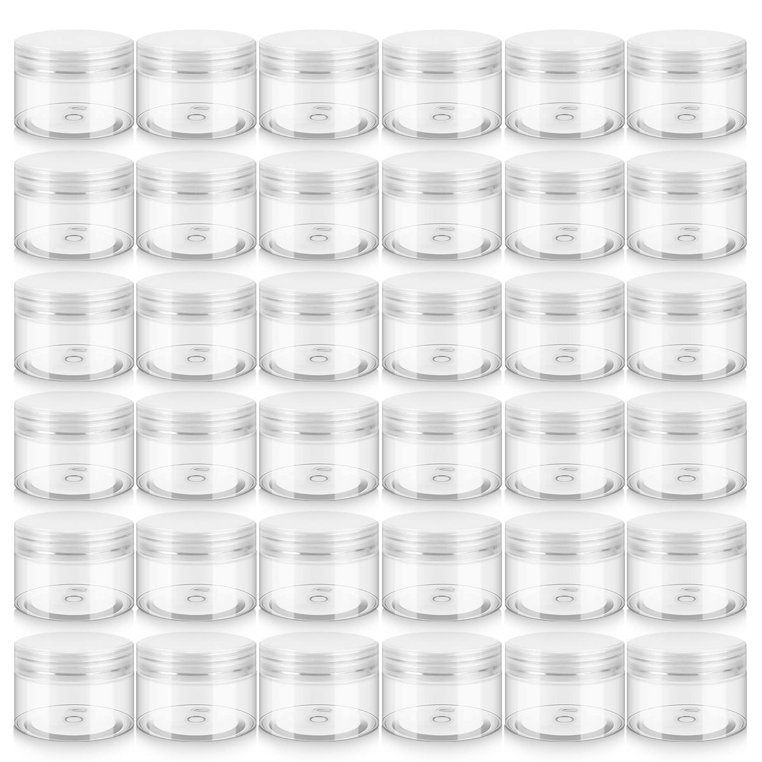 Loretoy 36 Pack 4 OZ Plastic Jars with Lids, BPA Free, Reusable, Refillable Transparent Cosmetic Containers for Bath Salts, Cosmetics, Powders, Beauty Product and Small Accessories - White