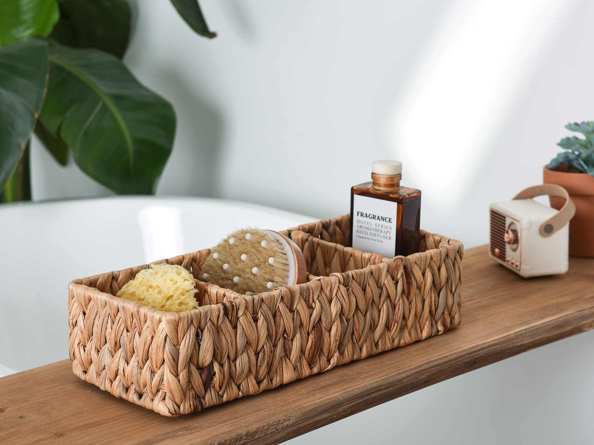 StorageWorks Small Wicker Baskets with 4 Sections, Water Hyacinth Baskets for Organizing, Handwoven Desk Baskets for Pantry, Coffee Bar, Shelves, 2 Pack