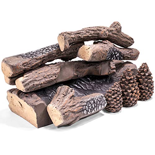 Barton 9Pc Ceramic Log Set Pine Wood Style w/Stackable Gas Heat Resistant Outdoor Indoor Fireplace Fire Wood Fake Realistic
