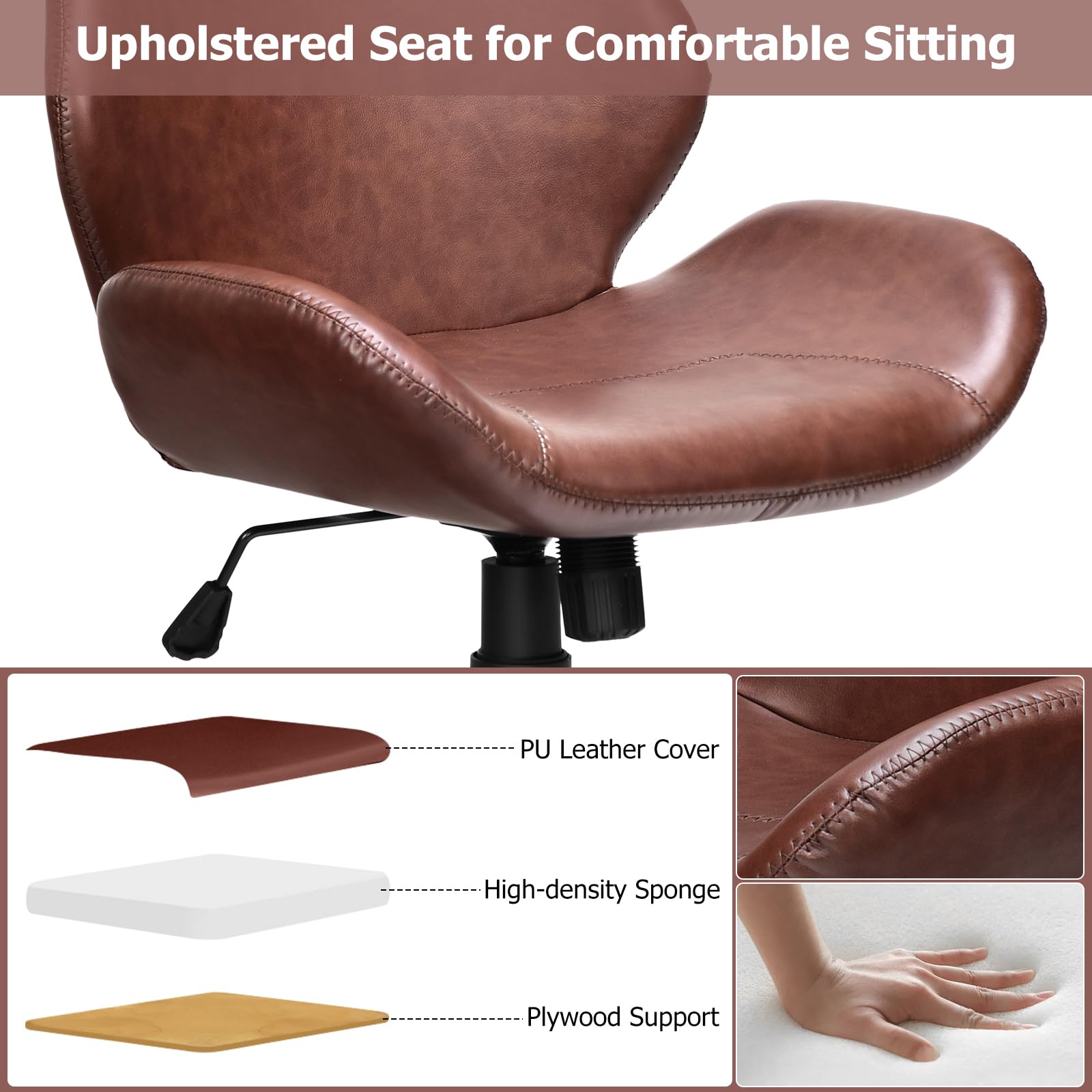 COSTWAY Armless Office Desk Chair, Mid-Back PU Leather Computer Task Chair with Rocking Back & Swivel Seat, Ergonomic Adjustable Leisure Chair with 5-Claw Metal Base for Home Office, Brown