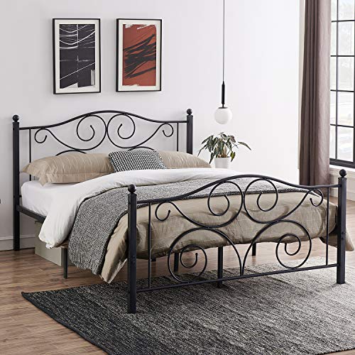 VECELO Metal Bed Frame with Headboard and Footboard, Iron Mattress Foundation No Box Spring Needed, Heavy Duty/Easy Set Up, Queen, Black