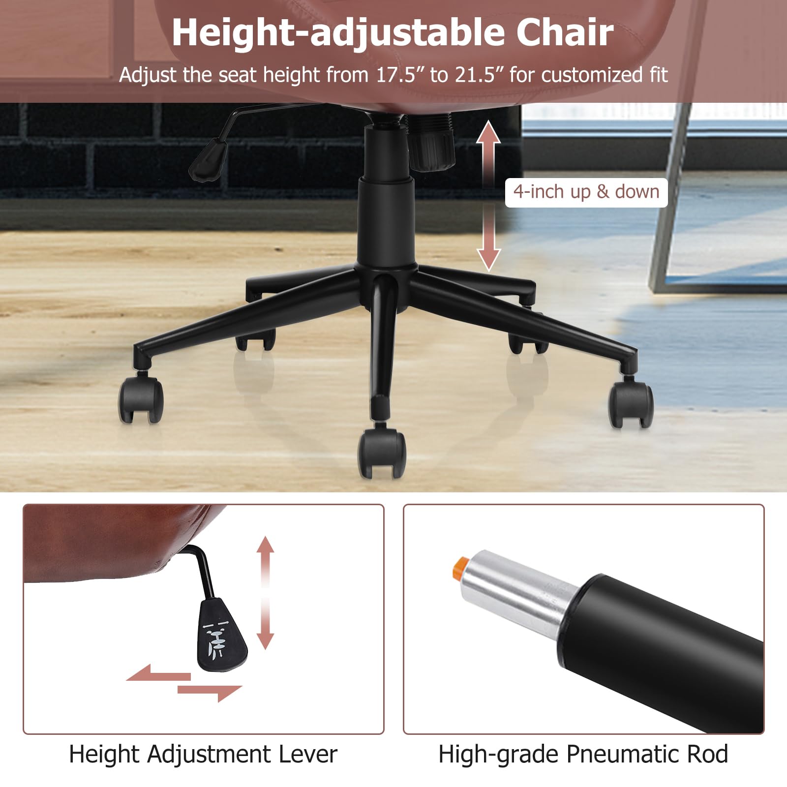 COSTWAY Armless Office Desk Chair, Mid-Back PU Leather Computer Task Chair with Rocking Back & Swivel Seat, Ergonomic Adjustable Leisure Chair with 5-Claw Metal Base for Home Office, Brown