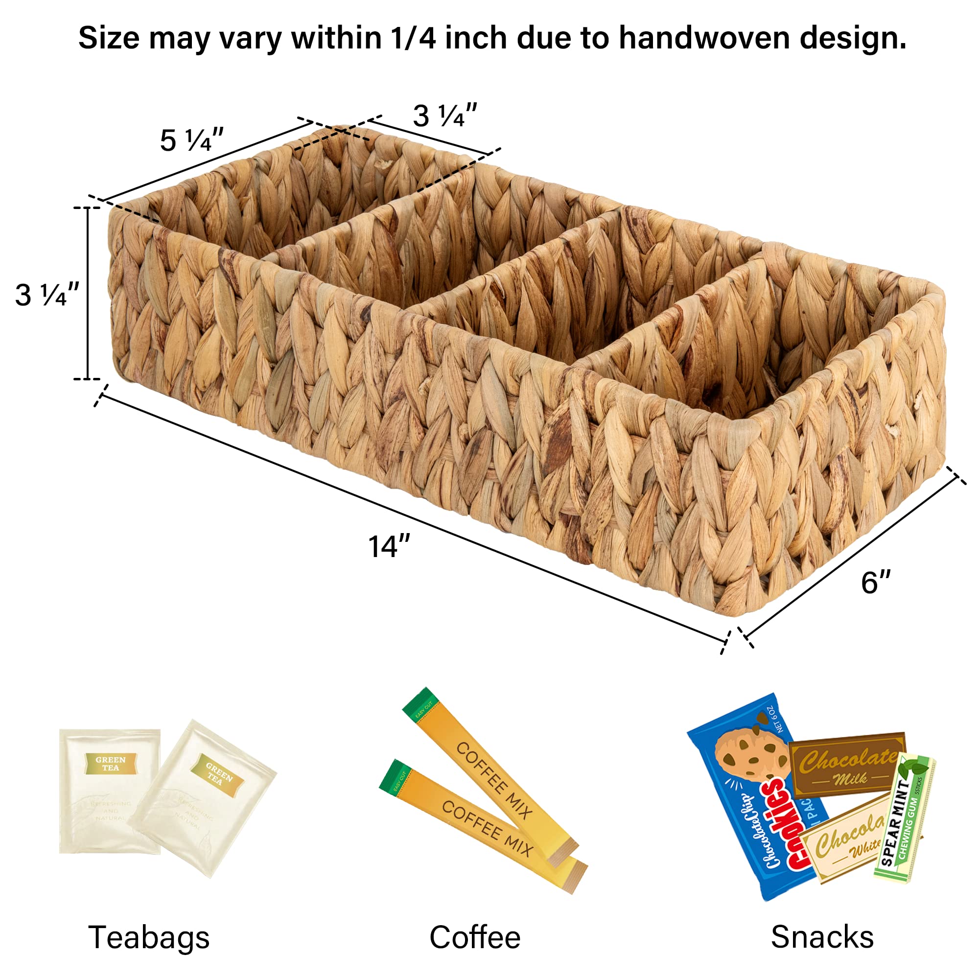 StorageWorks Small Wicker Baskets with 4 Sections, Water Hyacinth Baskets for Organizing, Handwoven Desk Baskets for Pantry, Coffee Bar, Shelves, 2 Pack