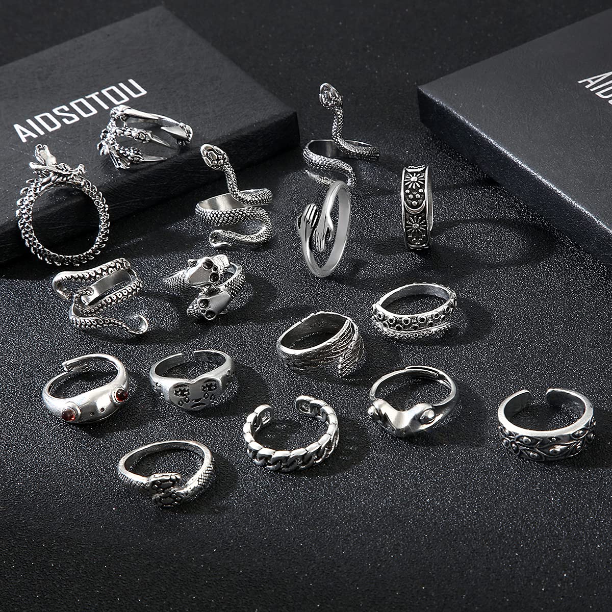 AIDSOTOU Mens Vintage Open Rings Set Frog Snake Skull Cool Punk Goth Ring for Men Women Adjustable (Silver-16 PCS)