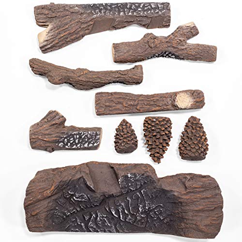 Barton 9Pc Ceramic Log Set Pine Wood Style w/Stackable Gas Heat Resistant Outdoor Indoor Fireplace Fire Wood Fake Realistic