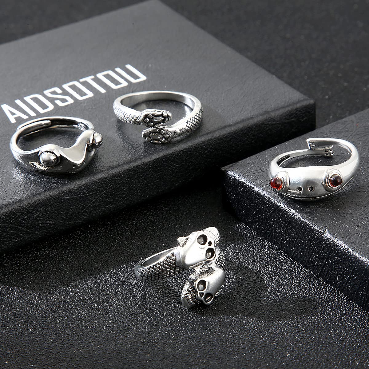 AIDSOTOU Mens Vintage Open Rings Set Frog Snake Skull Cool Punk Goth Ring for Men Women Adjustable (Silver-16 PCS)