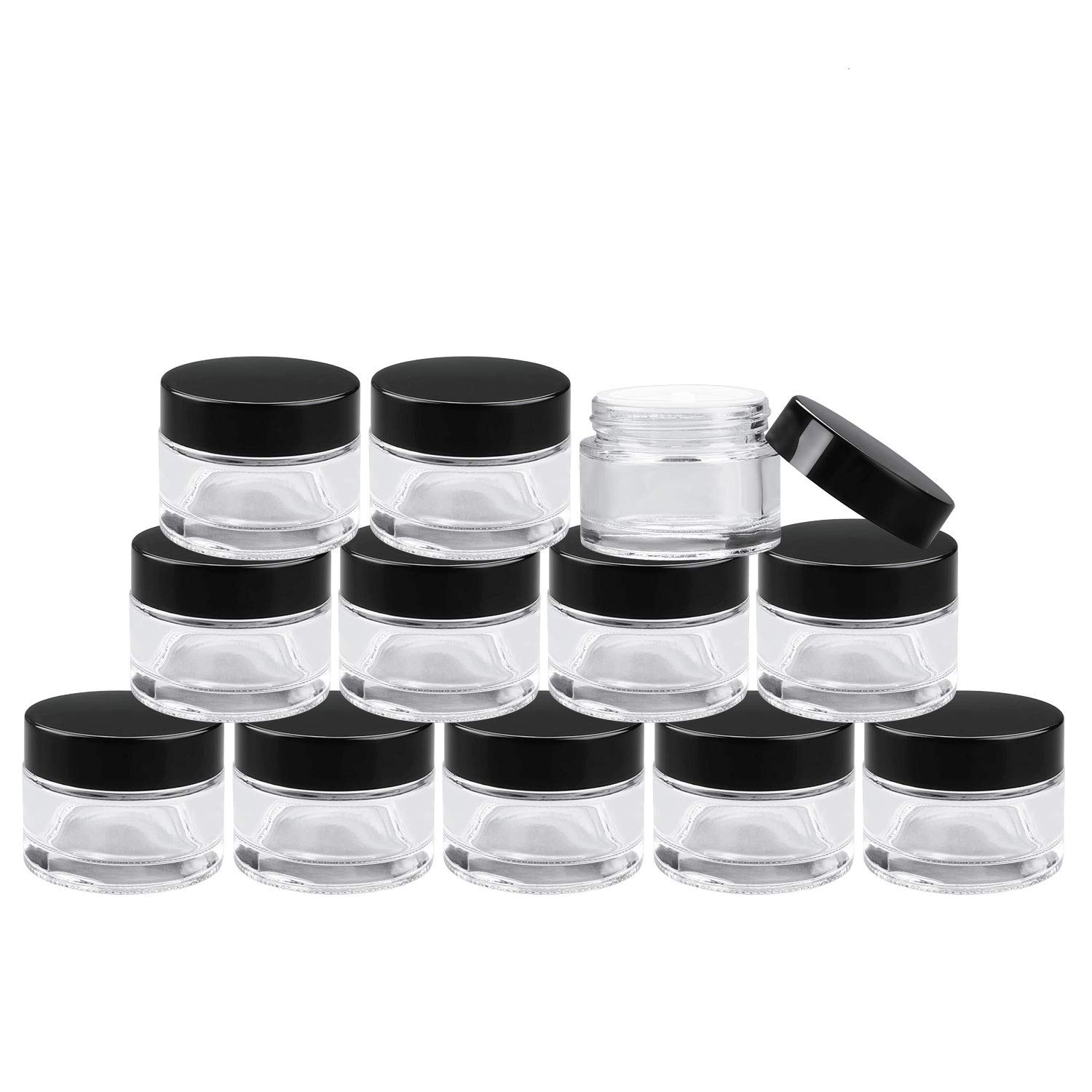 Encheng 30 Pack of 2 oz Clear Round Glass Jars,with Inner Liners and black Lids,Empty Cosmetic Containers,Cream jars