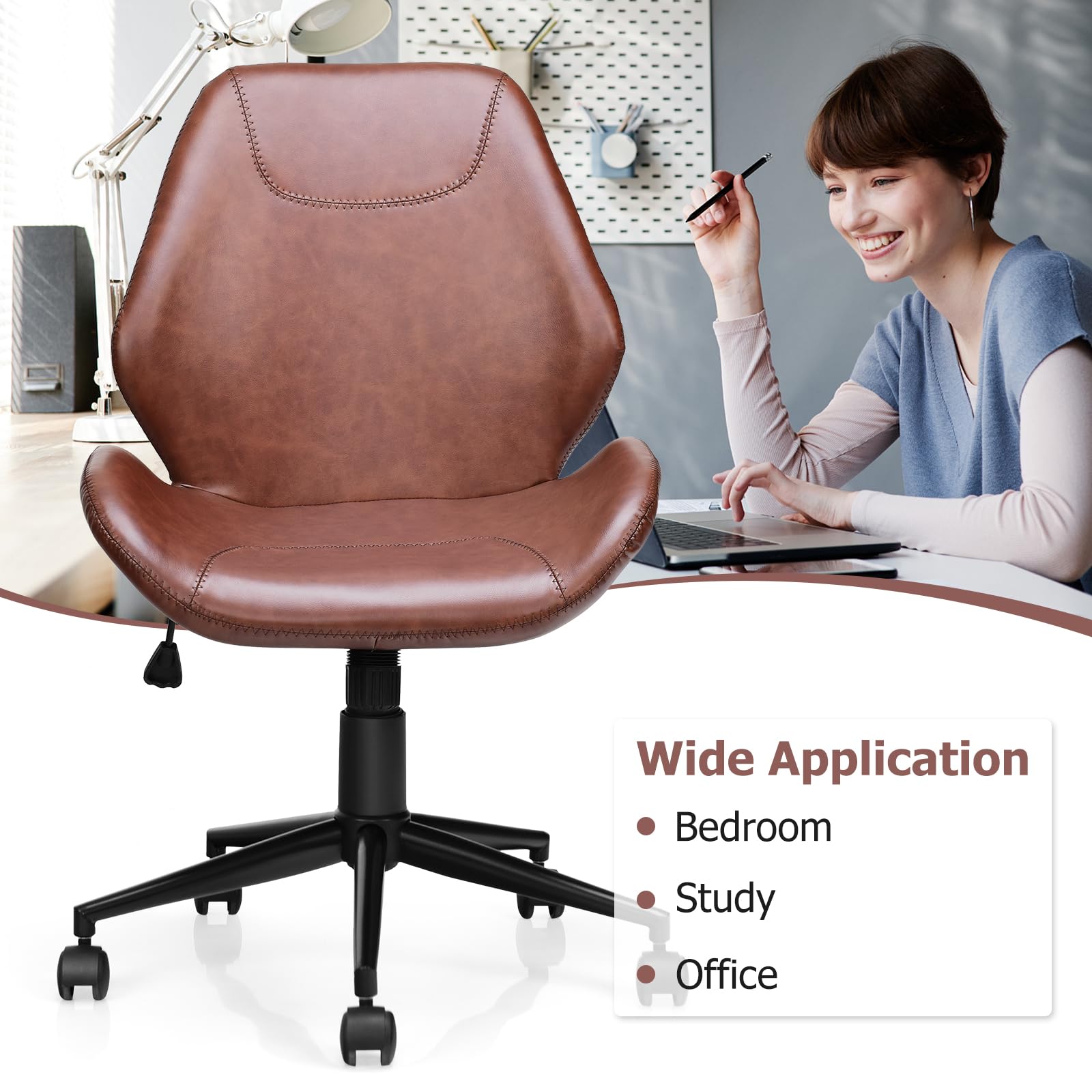 COSTWAY Armless Office Desk Chair, Mid-Back PU Leather Computer Task Chair with Rocking Back & Swivel Seat, Ergonomic Adjustable Leisure Chair with 5-Claw Metal Base for Home Office, Brown