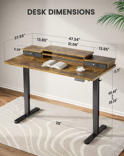 ErGear Electric Standing Desk with Double Drawers, 48x24 Inches Adjustable Height Sit Stand Up Desk, Home Office Desk Computer Workstation with Storage Shelf, Vintage Brown