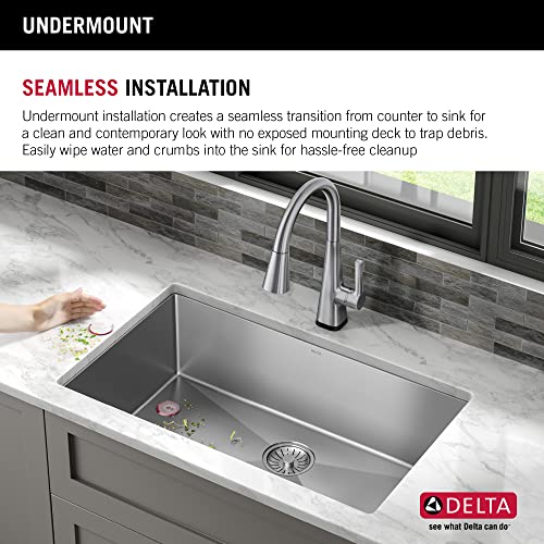DELTA FAUCET Delta Lenta 30-inch Undermount 16 Gauge Stainless Steel Single Bowl Kitchen Sink with Accessories, 953034-30S-SS, Satin