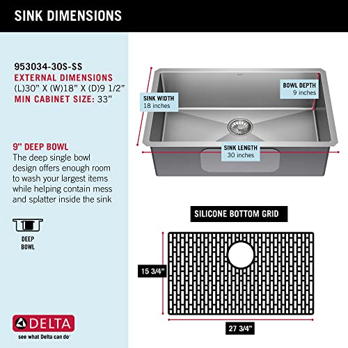 DELTA FAUCET Delta Lenta 30-inch Undermount 16 Gauge Stainless Steel Single Bowl Kitchen Sink with Accessories, 953034-30S-SS, Satin