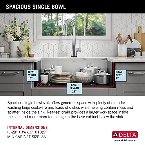 DELTA FAUCET Delta Lenta 30-inch Undermount 16 Gauge Stainless Steel Single Bowl Kitchen Sink with Accessories, 953034-30S-SS, Satin