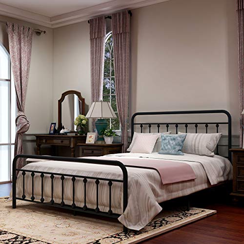 AUFANK Metal Bed Frame Queen Size Victorian Vintage Style Headboard and Footboard No Box Spring Heavy Duty Steel Slat Mattress Foundation Black