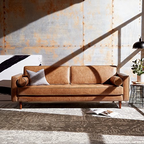 Amazon Brand – Rivet Aiden Mid-Century Modern Leather Sofa Couch, 86.6"W, Cognac