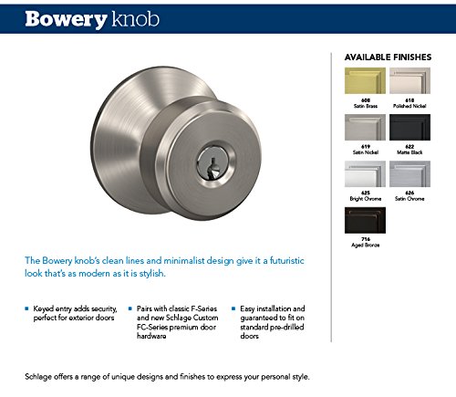SCHLAGE F51A BWE 622 CEN Bowery Knob with Century Trim Keyed Entry Lock, Matte Black