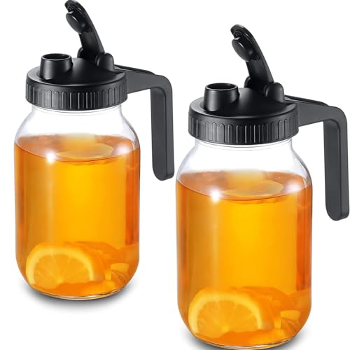 LePvo 2 Pack Regular Mouth Mason Jar Pour Spout Lids with Handle Reusable Plastic Flip Cap Lid,Leak-proof Airtight Seal Black, 70mm (Jar Not Included)