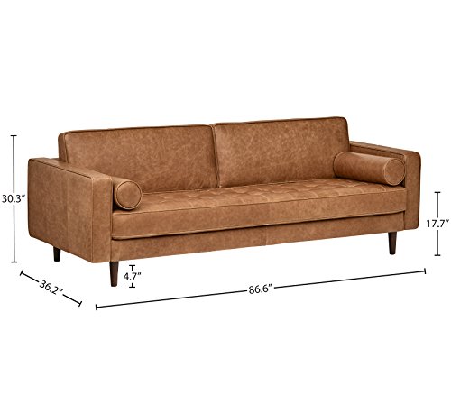 Amazon Brand – Rivet Aiden Mid-Century Modern Leather Sofa Couch, 86.6"W, Cognac