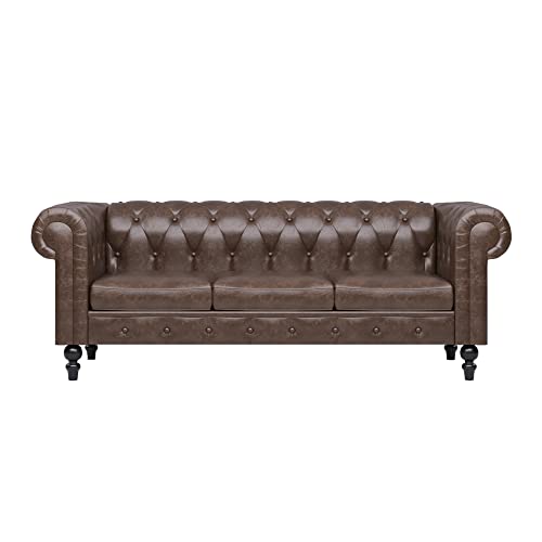 MGH 84'' PU Faux Leather Chesterfield Sofa, Mid-Century 3 Seats Top Grain Living Room Couch, Deep Button Tufted Modern Sofas Couches with Rolled Arm Settee for Bedroom, Brown (110PU)