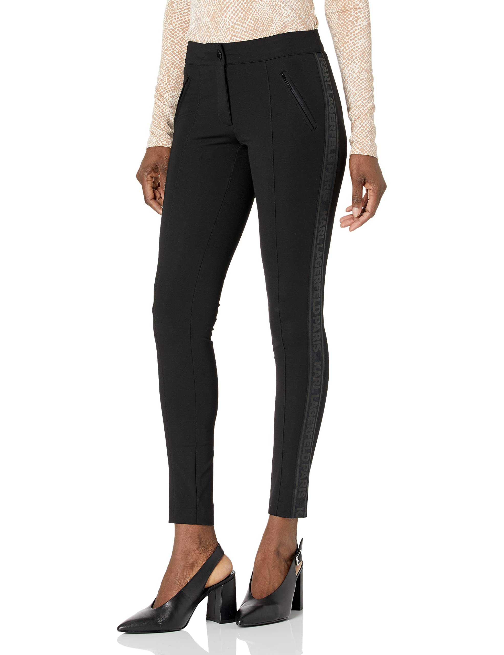 Karl Lagerfeld Paris Women's Compression Skinny Mid Rise Logo Taping Pant, Black, 8