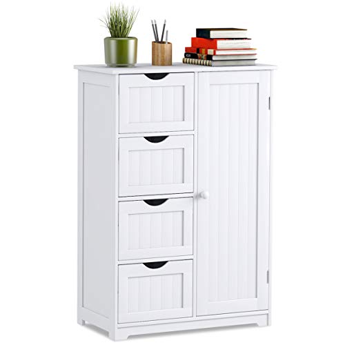 Giantex Bathroom Floor Cabinet Wooden with 1 Door & 4 Drawer, Free Standing Wooden Entryway Cupboard Spacesaver Cabinet, White