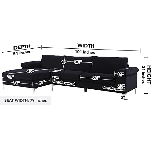 Casa Andrea Milano Modern Large Velvet L-Shape Sectional Sofa, with Extra Wide Chaise Lounge Couch, Black