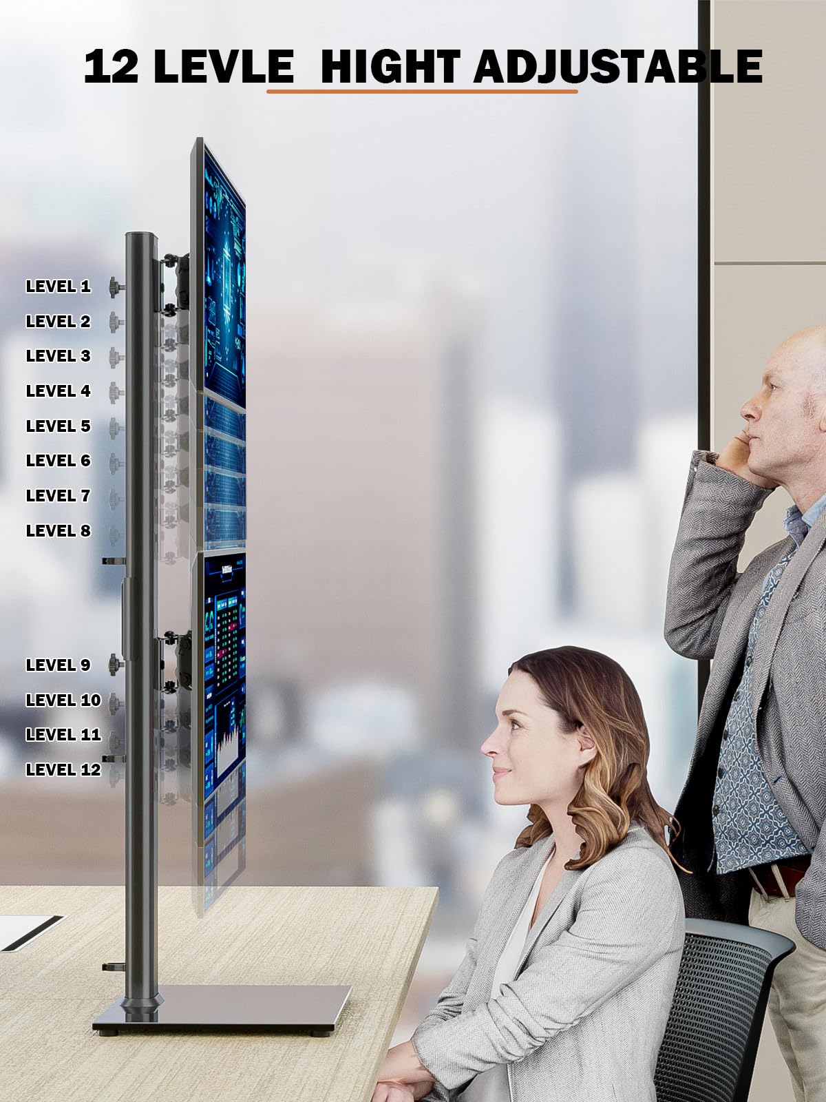 Dual Monitor Stand - Vertical Stack Screen Free-Standing Monitor Riser Fits Two 13 to 34 Inch Screen with Swivel, Tilt, Height Adjustable, Holds One (1) Screen up to 44Lbs HT05B-002