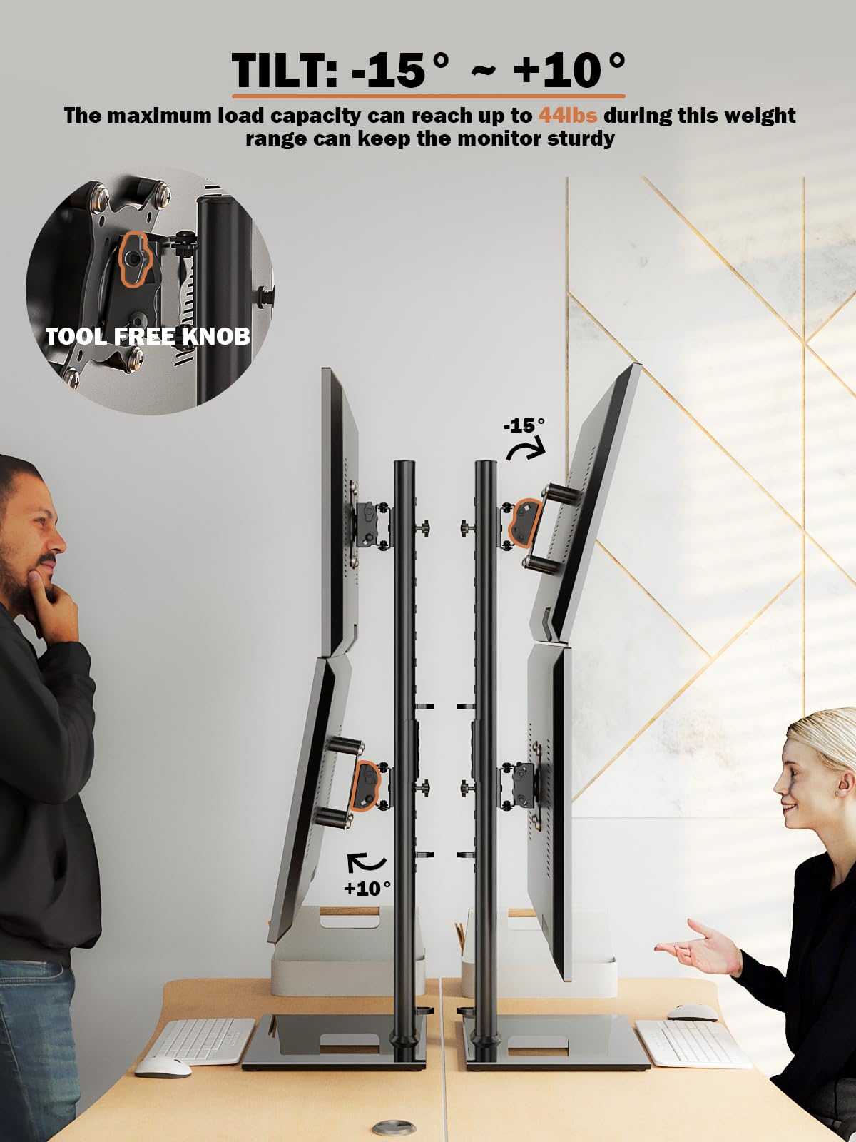 Dual Monitor Stand - Vertical Stack Screen Free-Standing Monitor Riser Fits Two 13 to 34 Inch Screen with Swivel, Tilt, Height Adjustable, Holds One (1) Screen up to 44Lbs HT05B-002