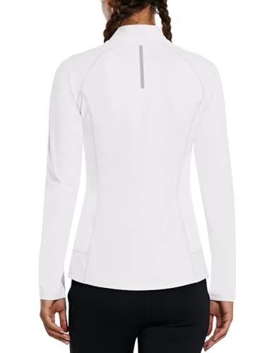 BALEAF Women's Fleece Running Jacket Half-Zip Cold Weather Gear Thermal Shirts Tops Athletic Pullover Workout Winter White Large