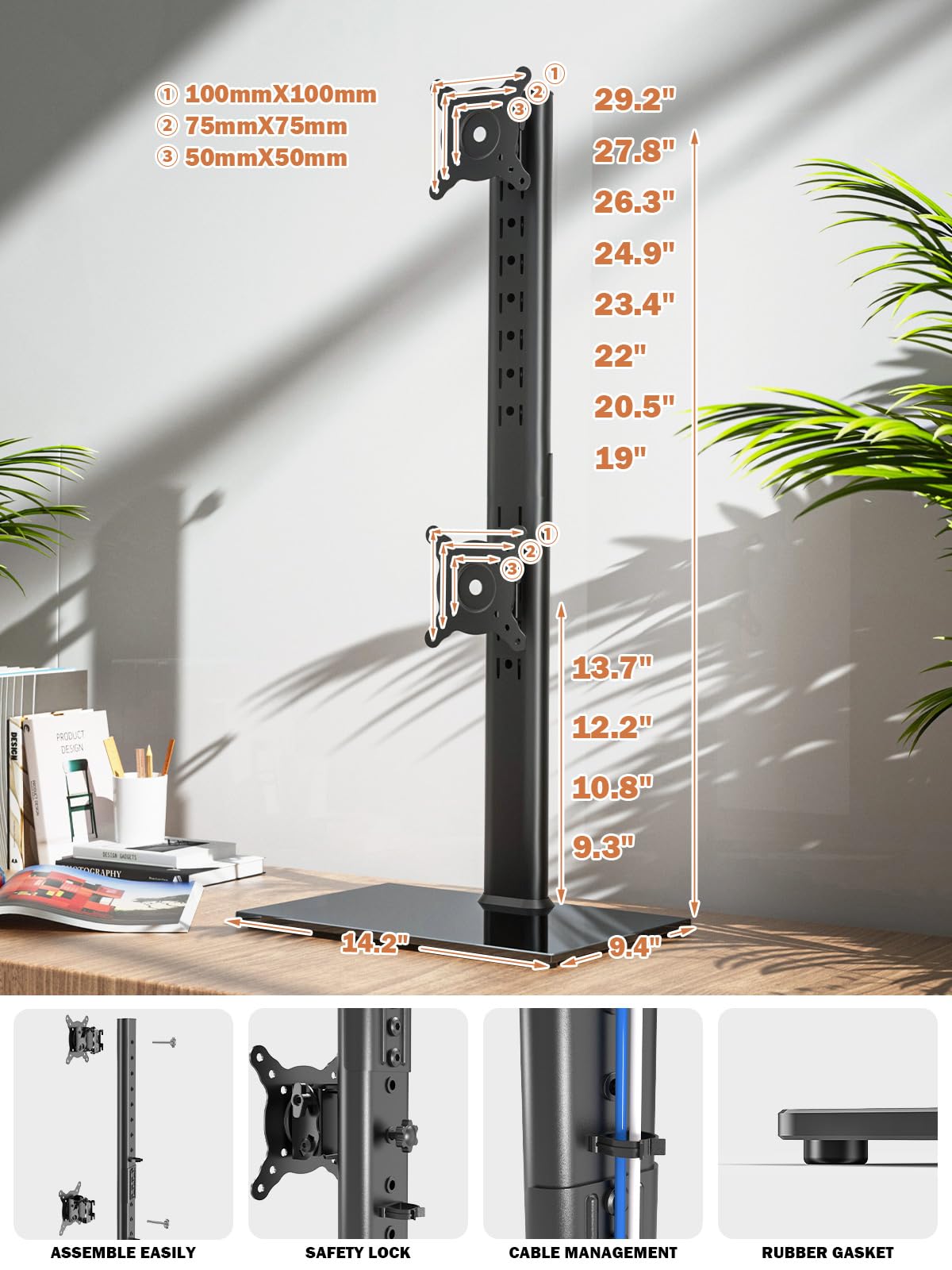 Dual Monitor Stand - Vertical Stack Screen Free-Standing Monitor Riser Fits Two 13 to 34 Inch Screen with Swivel, Tilt, Height Adjustable, Holds One (1) Screen up to 44Lbs HT05B-002