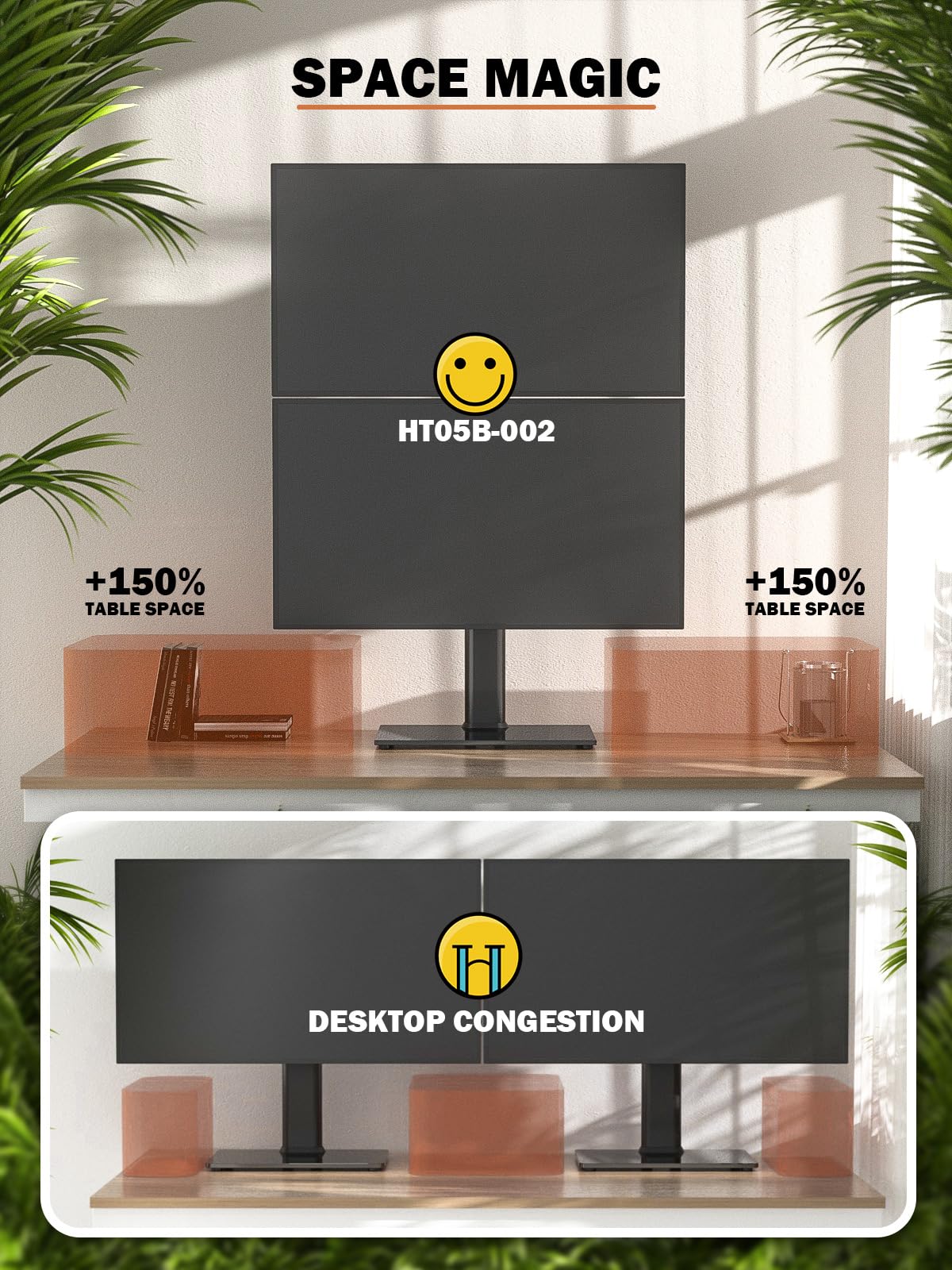 Dual Monitor Stand - Vertical Stack Screen Free-Standing Monitor Riser Fits Two 13 to 34 Inch Screen with Swivel, Tilt, Height Adjustable, Holds One (1) Screen up to 44Lbs HT05B-002