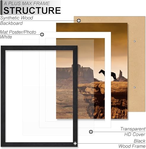 A PLUS MAX 20x24 Picture Frame, Engineered Wood Frame Display Photo 16x20 with Mat or 20 x 24 without Mat, 20by24 Frame with Black Wood Grain for Wall - 1 Pack/Black/20 x24