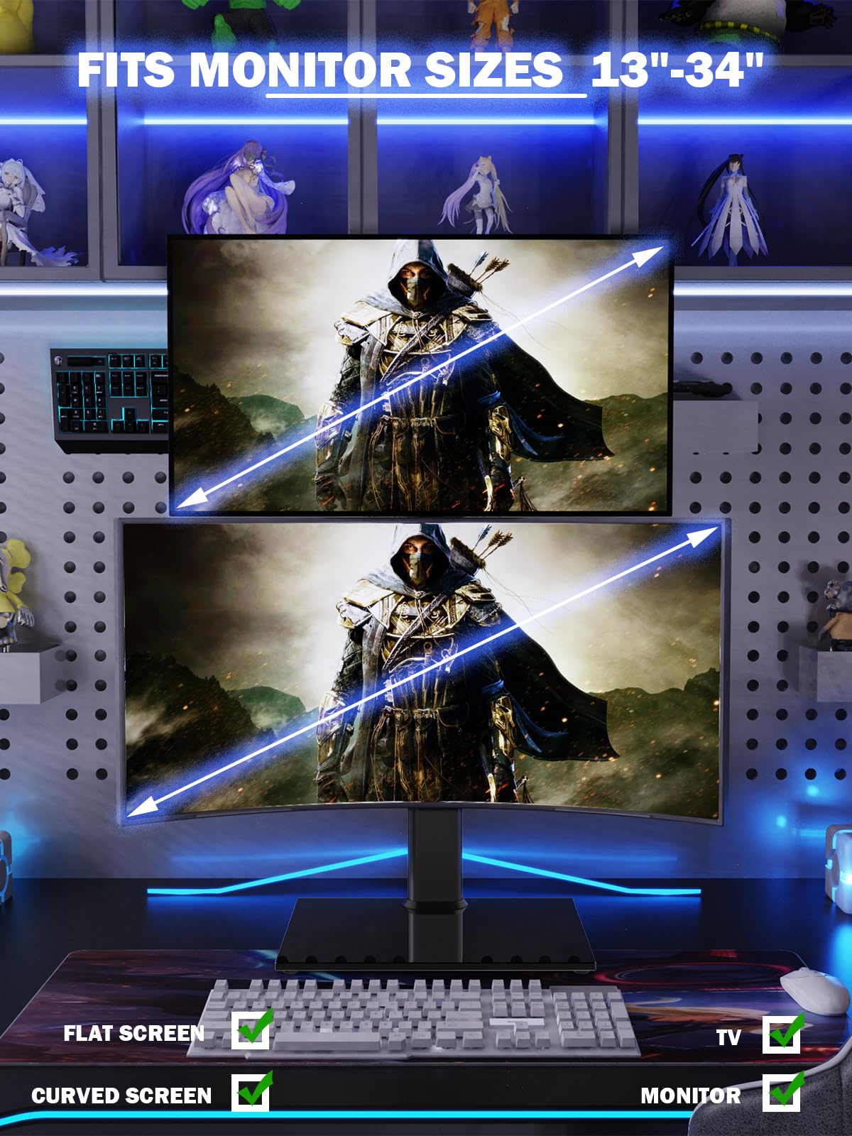 Dual Monitor Stand - Vertical Stack Screen Free-Standing Monitor Riser Fits Two 13 to 34 Inch Screen with Swivel, Tilt, Height Adjustable, Holds One (1) Screen up to 44Lbs HT05B-002