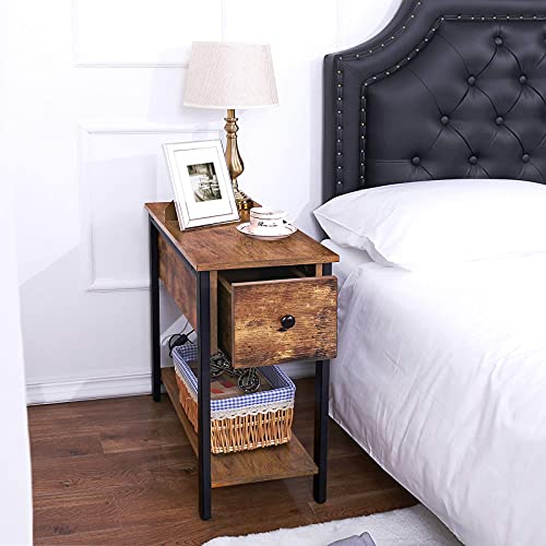 HOOBRO Side Table, 2-Tier Nightstand with Drawer, Narrow End Table for Small Spaces, Stable and Sturdy Construction, Wood Look Accent Furniture with Metal Frame, Rustic Brown and Black BF04BZ01