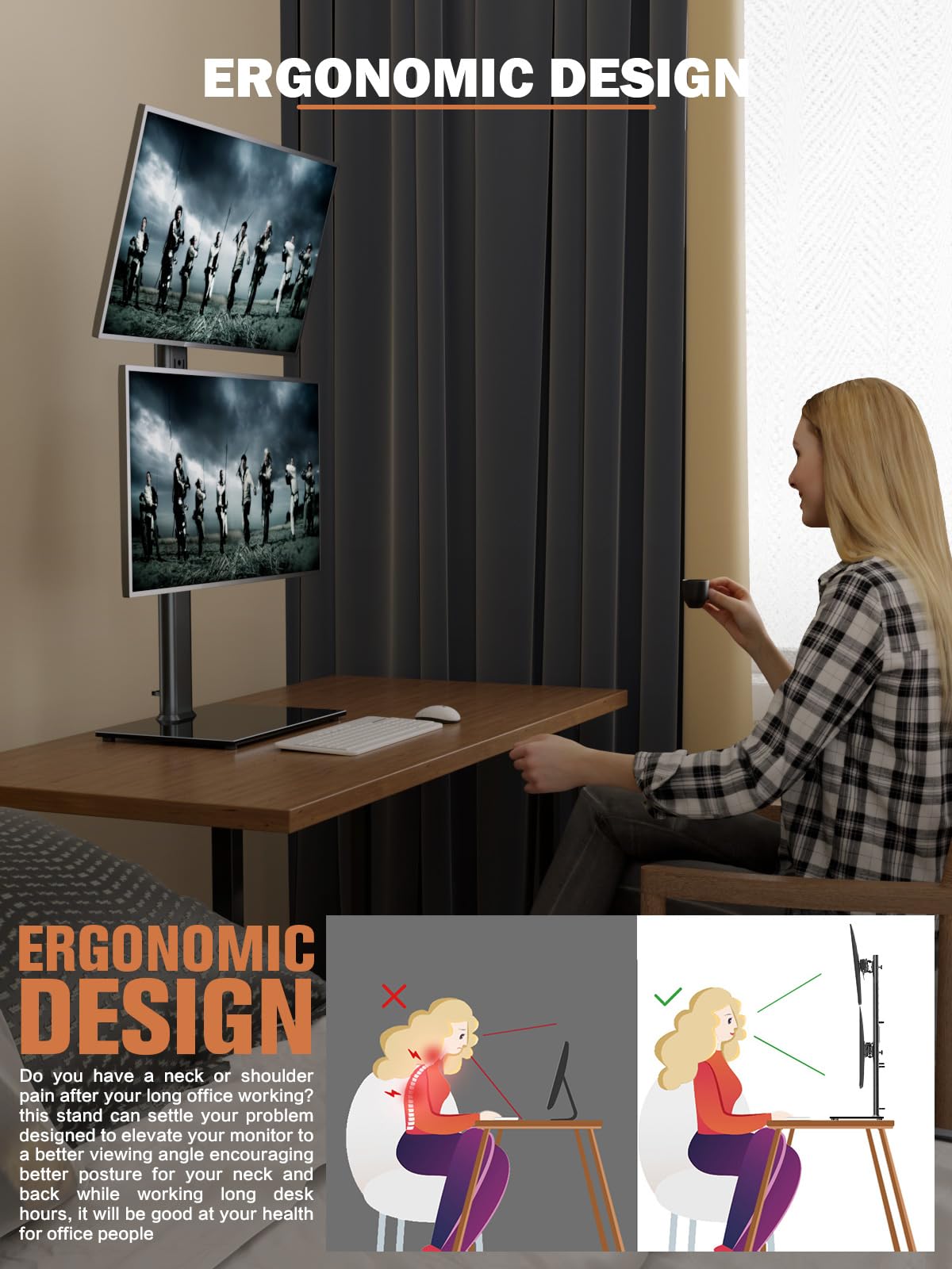 Dual Monitor Stand - Vertical Stack Screen Free-Standing Monitor Riser Fits Two 13 to 34 Inch Screen with Swivel, Tilt, Height Adjustable, Holds One (1) Screen up to 44Lbs HT05B-002