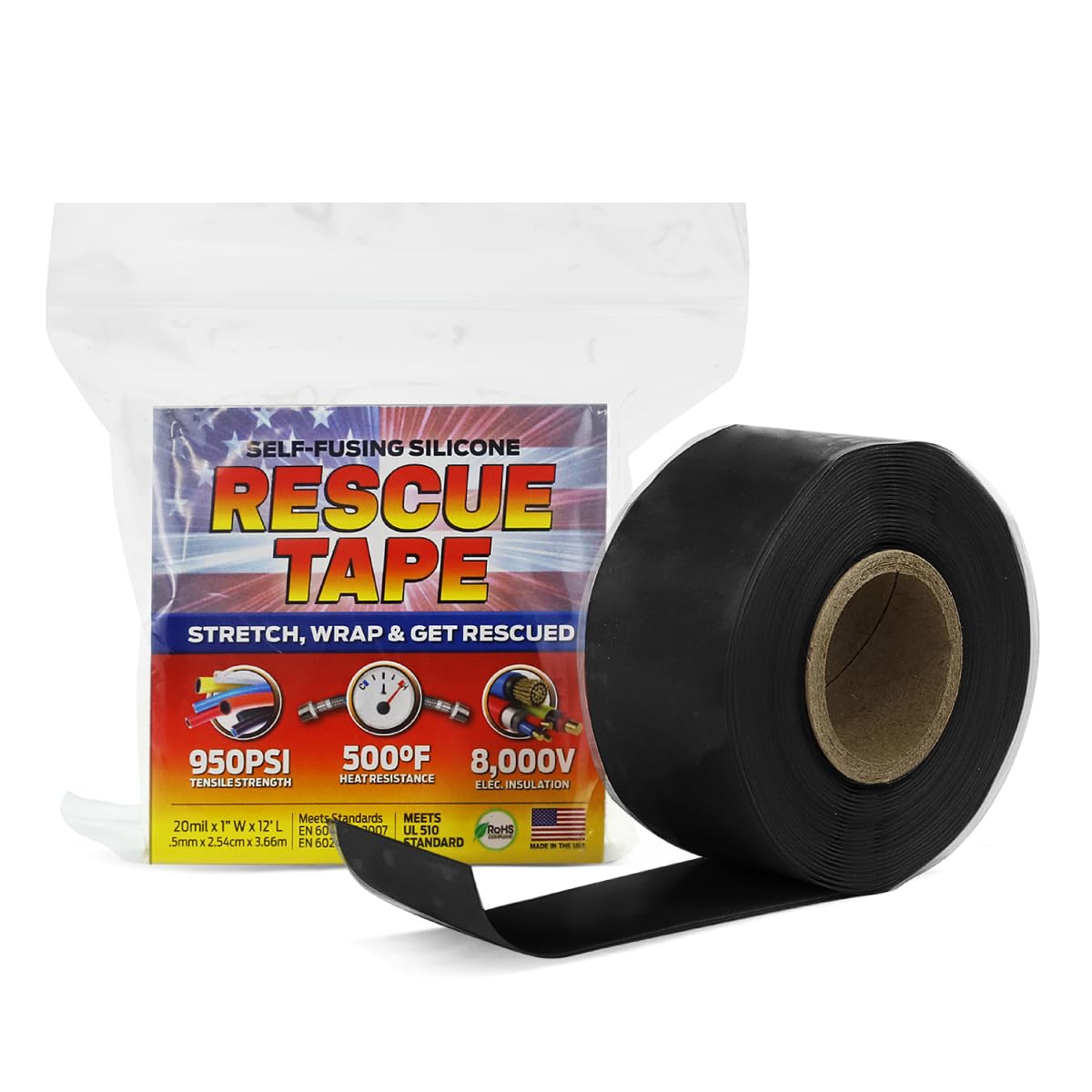 Bond It Rescue Tape, Self-Fusing Silicone Tape, Emergency Plumbing Pipe & Radiator Hose Repair, Electrical Insulation, Military Std, 1"x12', Black