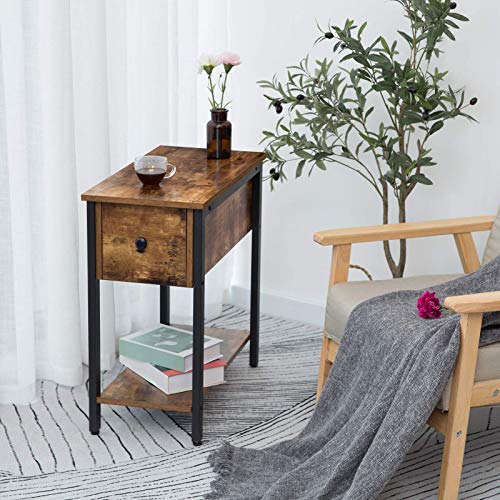 HOOBRO Side Table, 2-Tier Nightstand with Drawer, Narrow End Table for Small Spaces, Stable and Sturdy Construction, Wood Look Accent Furniture with Metal Frame, Rustic Brown and Black BF04BZ01