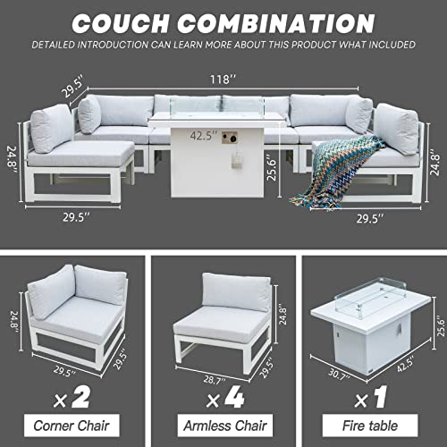 NICESOUL® Aluminum Patio Furniture Set with Fire Pit Table 43" Propane Gas Convertable CSA Approved Outdoor Luxury Conversation Sofa Set with Firepit White Color