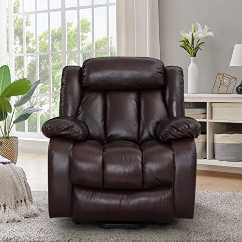 Harkawon Dual Motor Recliner Chair for Adults, Genuine Leather Lay Flat Sleeping Power Lift Chair for Elderly, Power Lift Chairs, with Massage and Heating (Brown)