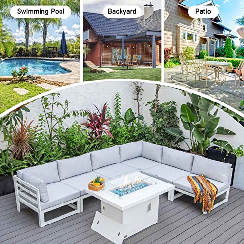NICESOUL® Aluminum Patio Furniture Set with Fire Pit Table 43" Propane Gas Convertable CSA Approved Outdoor Luxury Conversation Sofa Set with Firepit White Color