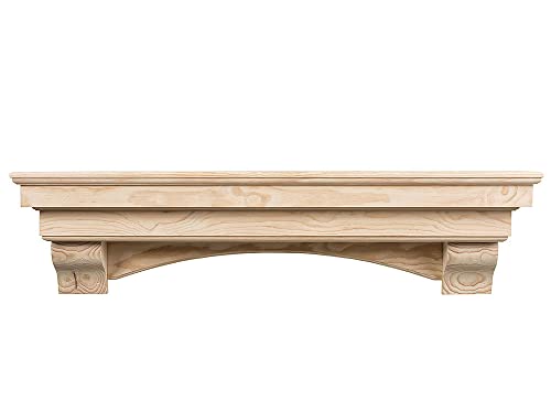 72 Inch Floating Fireplace Mantel Wood Shelf In Unfinished - Salem From Mantels Direct | Corbel Bracket Arches Included | Wooden Rustic Wall Shelf Perfect for Electric Fireplaces and Décor