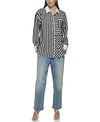 Karl Lagerfeld Paris Women's Soft Long Sleeve Stripe Everyday Fashion Sport Blouse, Black SFT White, Large